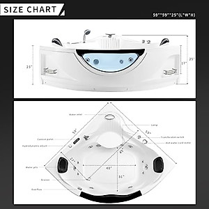 Corner Whirlpool Tub,Empava 2 Person Whirlpool Bathtub,Corner Jetted Bathtub with Heater,Corner Jetted Tub with Light,Spa Bath tub with 10 Jets,Hydro Massage Tub with Chromatherapy,LED Control Panel