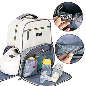 Breast Pump Backpack Diaper Bag - Multi-Function Mommy Outdoor Working Backpack with Insulation Pocket (Beige&Grey)