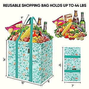 BALEINE 4 PK Grocery Bags Reusable Shopping Bags with Reinforced Bottom, Heavy Duty Foldable Tote Bags (Spring Stroll)