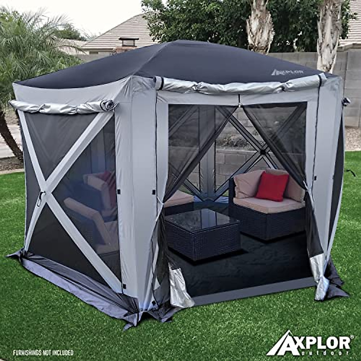 AxplorOutdoor RV Camping Gazebo Screen-Tent with Floor and Wind-Panels | 12ft x 12ft Portable Pop-Up Canopy Screen Room with Tarp Floor and Zippered-Side Panels | Pop-Up Screen Gazebo (Grey/Silver)