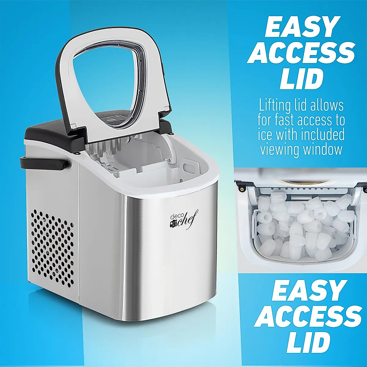 Deco Compact Countertop Ice Maker, 26LBs in 24HRs, 9 Bullet Ice Cubes Ready in 6 Minutes, Lightweight and Portable with Handle, Ice Basket, and Ice Scoop, Stainless Steel