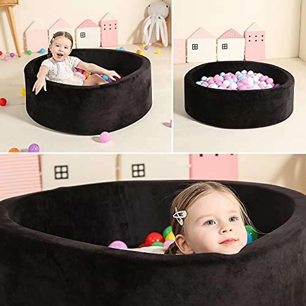 TRENDBOX Foam Ball Pit for Toddlers, 35 inch Soft Baby Ball Pit with Washable Velvet Cover (Balls not Included)-Black