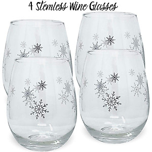 Snowflake Winter Wine Glass Set - Set of 4 Stemless Glasses with Silver Snowflake Designs - 20 oz