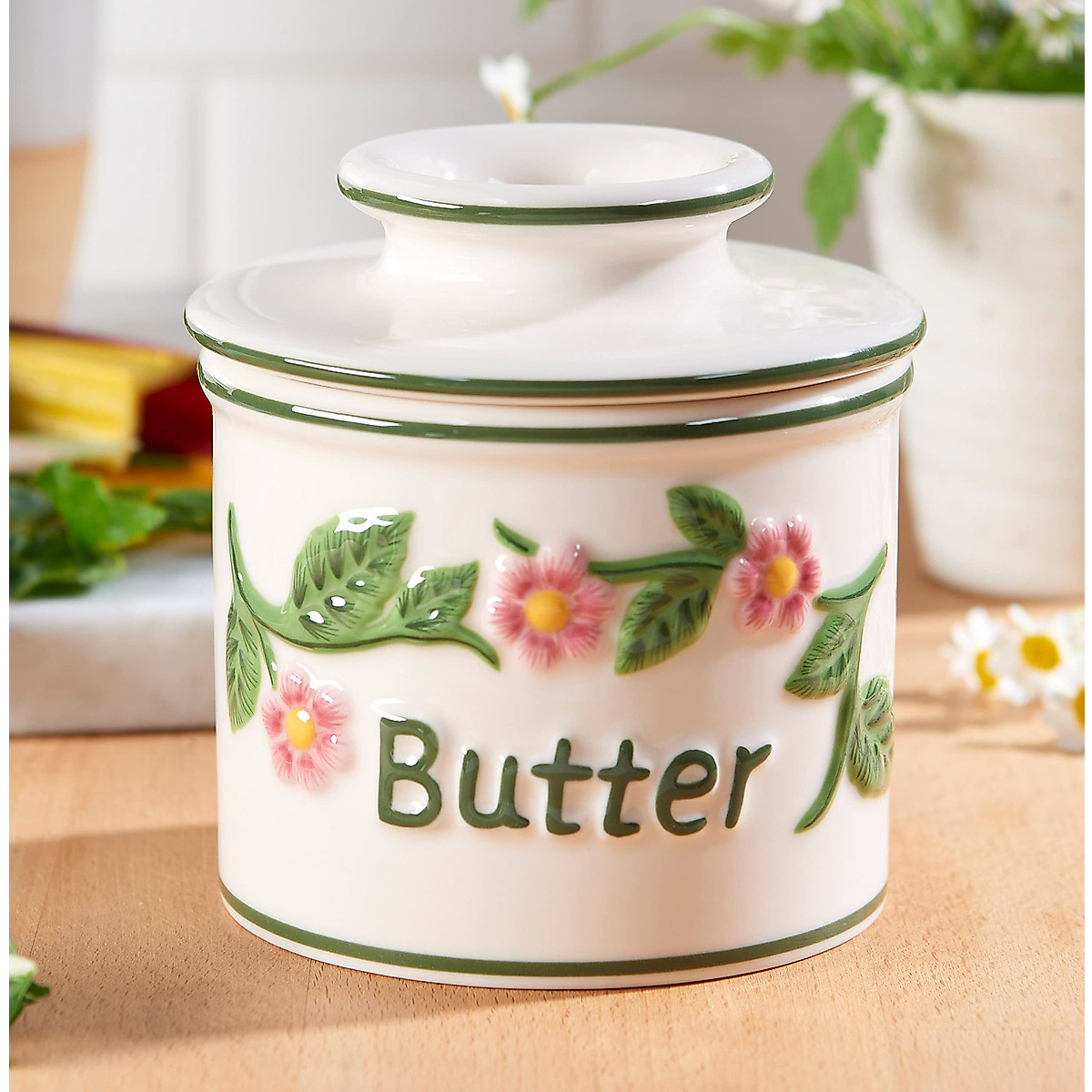 Butter Bell - The Original Butter Bell crock by L Tremain, a Countertop French Ceramic Butter Dish Keeper for Spreadable Butter, La Fleur Collection (Hand Painted Raised Floral)