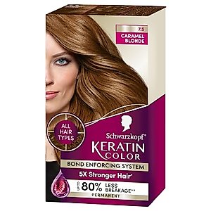 Schwarzkopf Keratin Color Permanent Hair Color, 7.5 Caramel Blonde, 1 Application Professionally Inspired Permanent Hair Dye for up to 80% Less Breakage vs Untreated Hair and up to 100% Gray Coverage