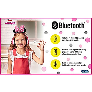 eKids Minnie Mouse Kids Bluetooth Headphones, Wireless Headphones with Microphone Includes Aux Cord, Volume Reduced Kids Foldable Headphones for School, Home, or Travel, Pink