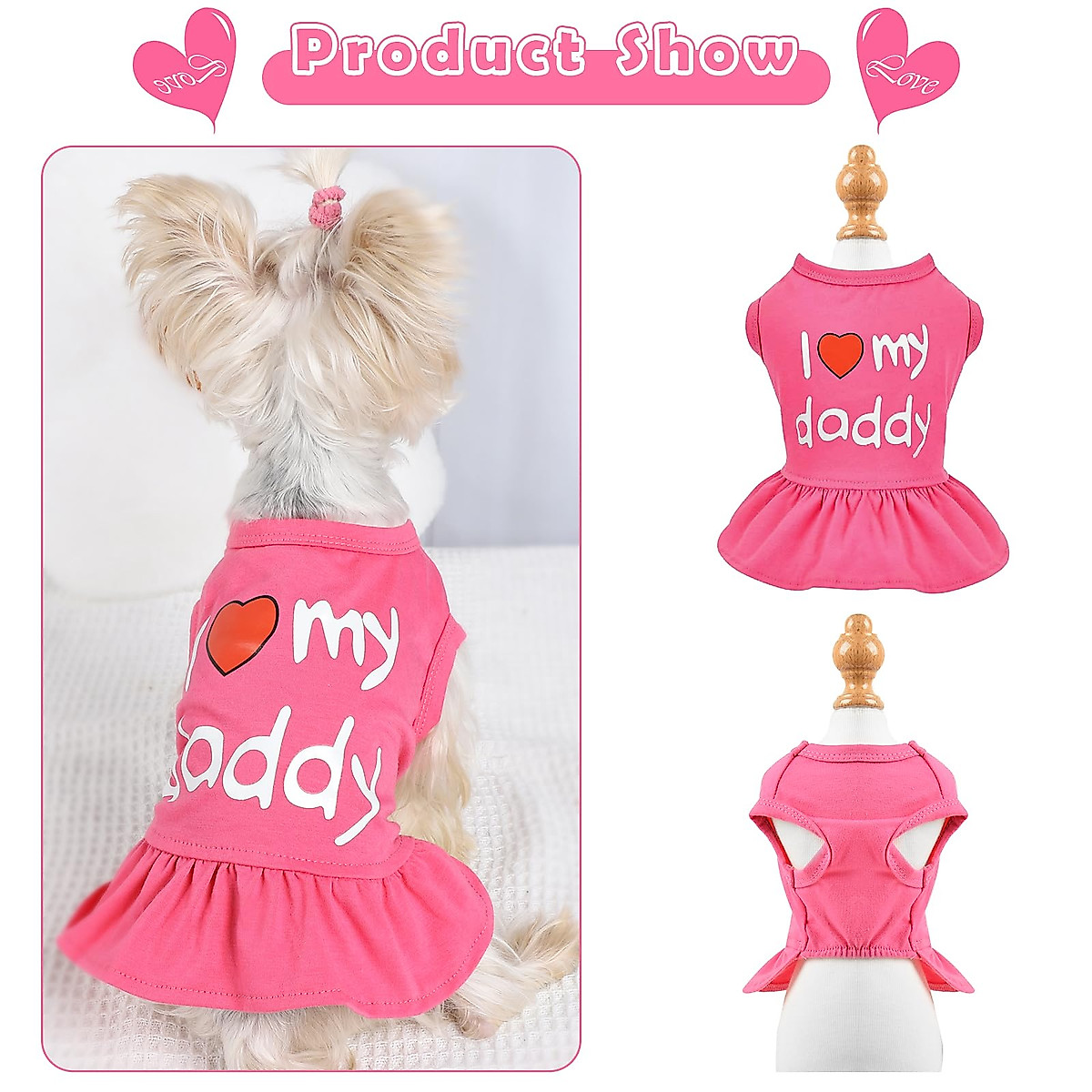 Dog Dresses for Small Dogs Girl, Cute Dog Clothes I Love My Mom/Dad Pink Dog Dress Breathable Pet Spring Summer Clothes Puppy Cat Outfits for Valentines Day