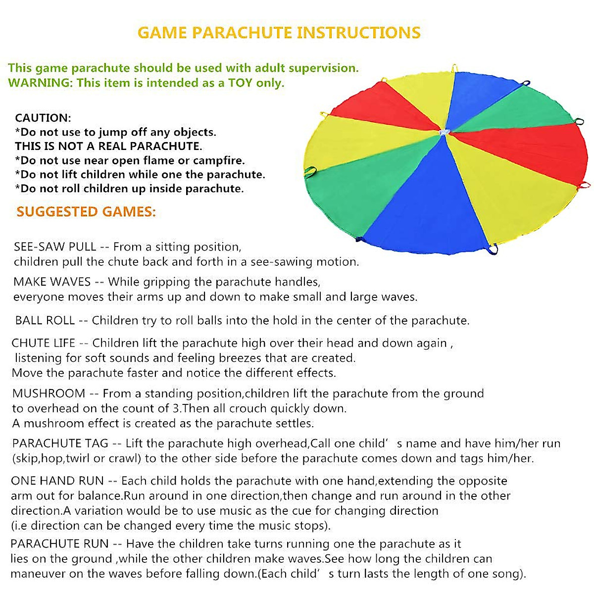 Sonyabecca Parachute for Kids 6' with 9 Handles Game Toy for Kids Play