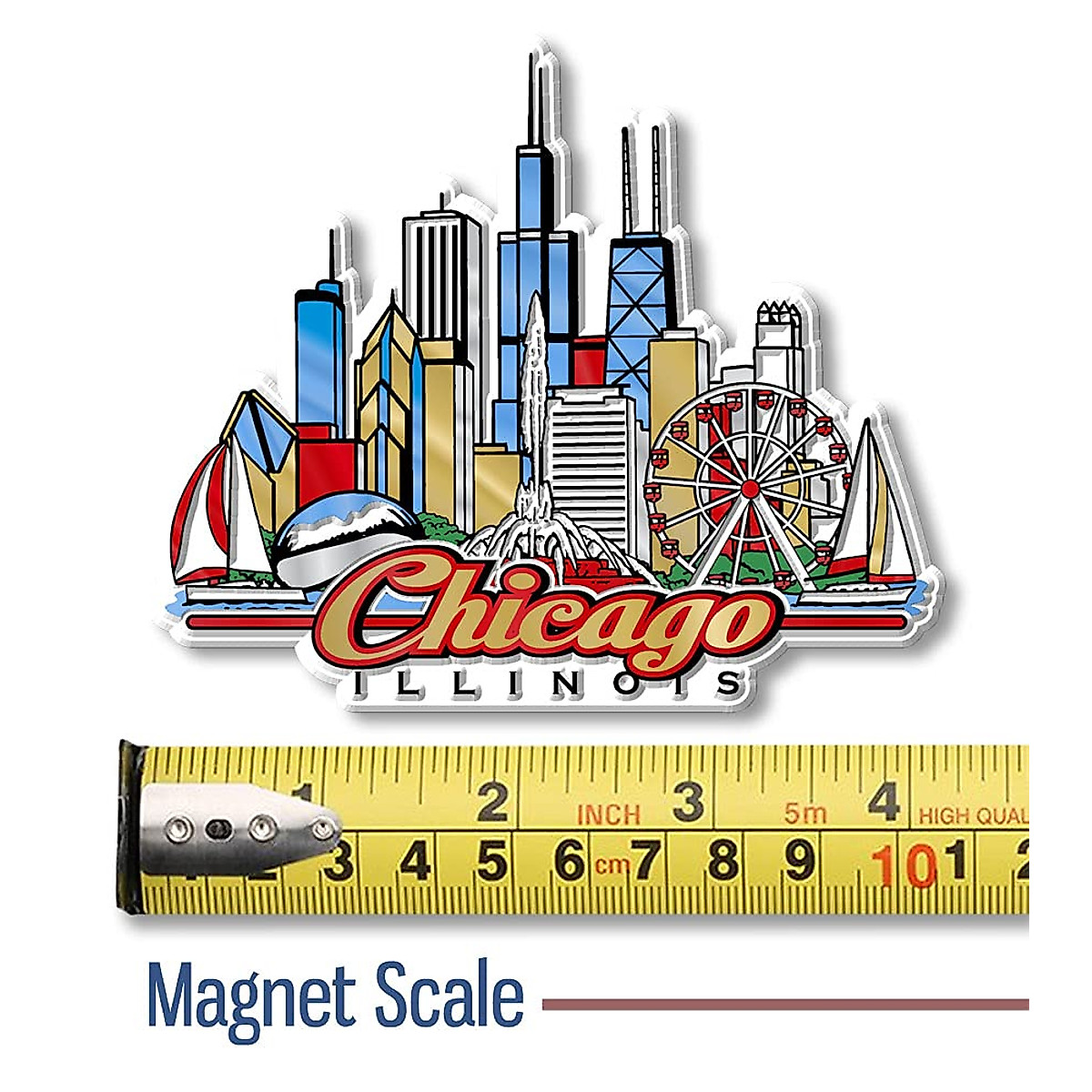Chicago City Magnet by Classic Magnets, Collectible Souvenirs Made in The USA, 4.1" x 3.5"