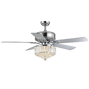 NOXARTE 52 inch Crystal Ceiling Fan with Lights, Modern Chrome Chandelier Ceiling Fan, Quiet Motor, 5 Reverse Wood Blades Crystal Fandelier Ceiling Fan Light Kit for Bedroom Living Dining Room