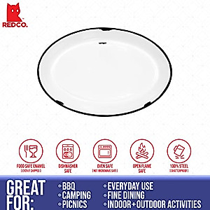 Red Co. Enamelware Metal Classic 13” Serving Oval Tray Platter, Distressed White/Black Rim