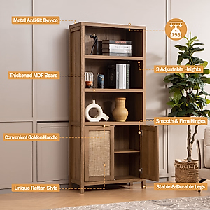 SICOTAS Bookcase 5 Tier Bookshelf Rattan Boho Tall Book Case Shelf with Doors Storage Large Wood Bookcases Farmhouse Bookshelves Library Shelves for Living Room Bedroom Home Office Kitchen (Oak 2PCS)