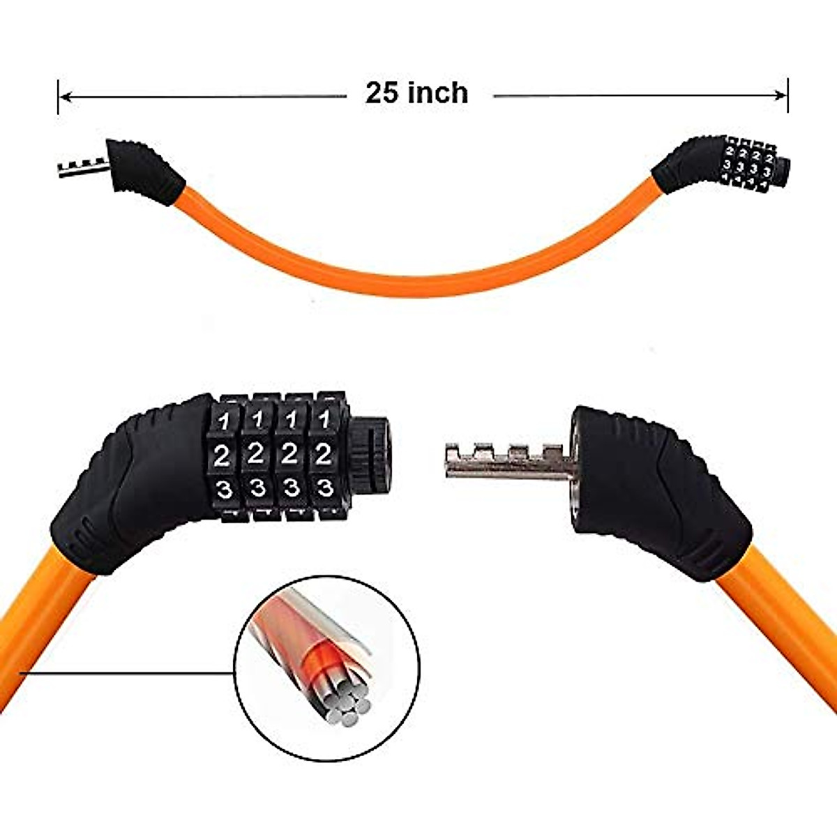 Sanwo Security Bike Lock 4 Digit Resettable Combination Cable Lock for Bicycle, 2 Feet x 1/2 Inch (Orange)