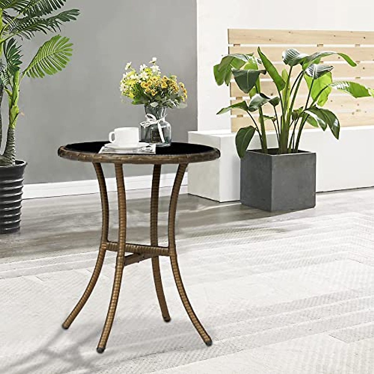 Patio PE Rattan Side Table, Outdoor Round Wicker Covered Edge with Tempered Glass Top, Rattan Iron Frame Table Coffee Dining Table for Lawn, Garden, Pool(Brown)