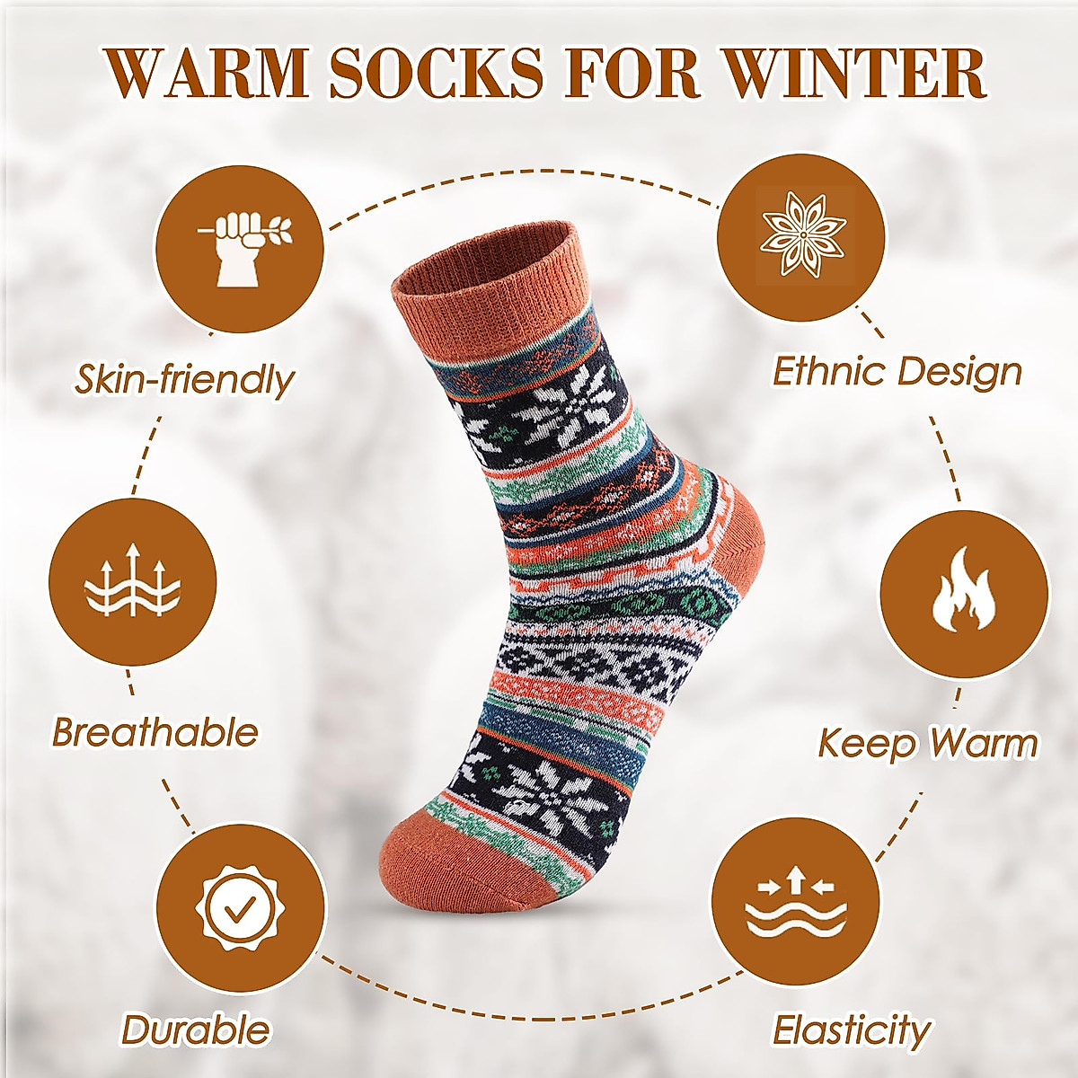 coclothy Women's 5 Pairs Thick Wool Socks, Argyle, Free Size, Cold Weather, Knit, Comfortable, Crew Length, Hiking, Socks