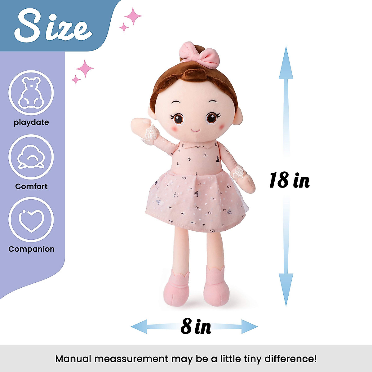 Hopearl Stuffed Doll for Girl Soft Plush Snuggle Play Toy Sleeping & Cuddle Buddy in Dress Birthday Festival Baby Doll, Pink, 18''
