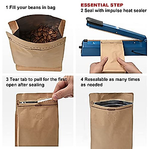 4 Ounce 50 Pieces High Barrier Kraft Paper Coffee Bags Stand Up/Flat Bottom Coffee Pouches with Air Release Valve and Reusable Pull Tab Side Zipper (50, 4oz/0.25lb/100gm)