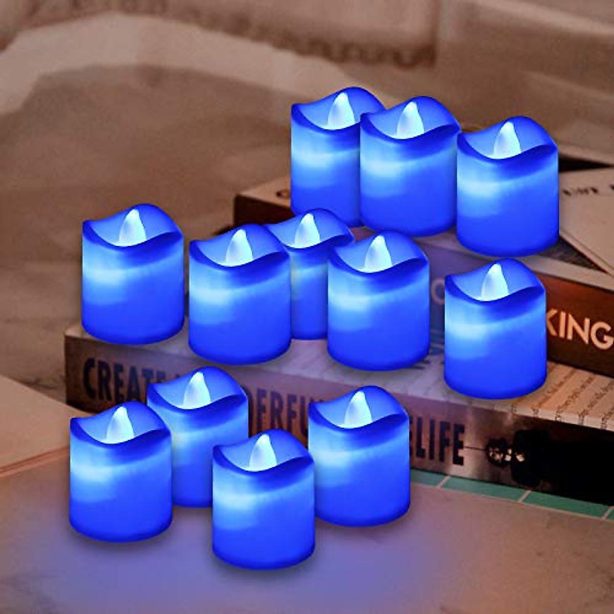 Rakumi LED Candles, Flameless LED Tea Lights, Battery Operated LED Votive Candles for Valentine's Day Wedding Birthday Party, 24 Packs (Blue)