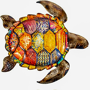 Metal Wall Art Sea Turtle Indoor Outdoor Tropical Wall Sculpture Decor Metal Beach Turtle Art (14 in x 14 in)