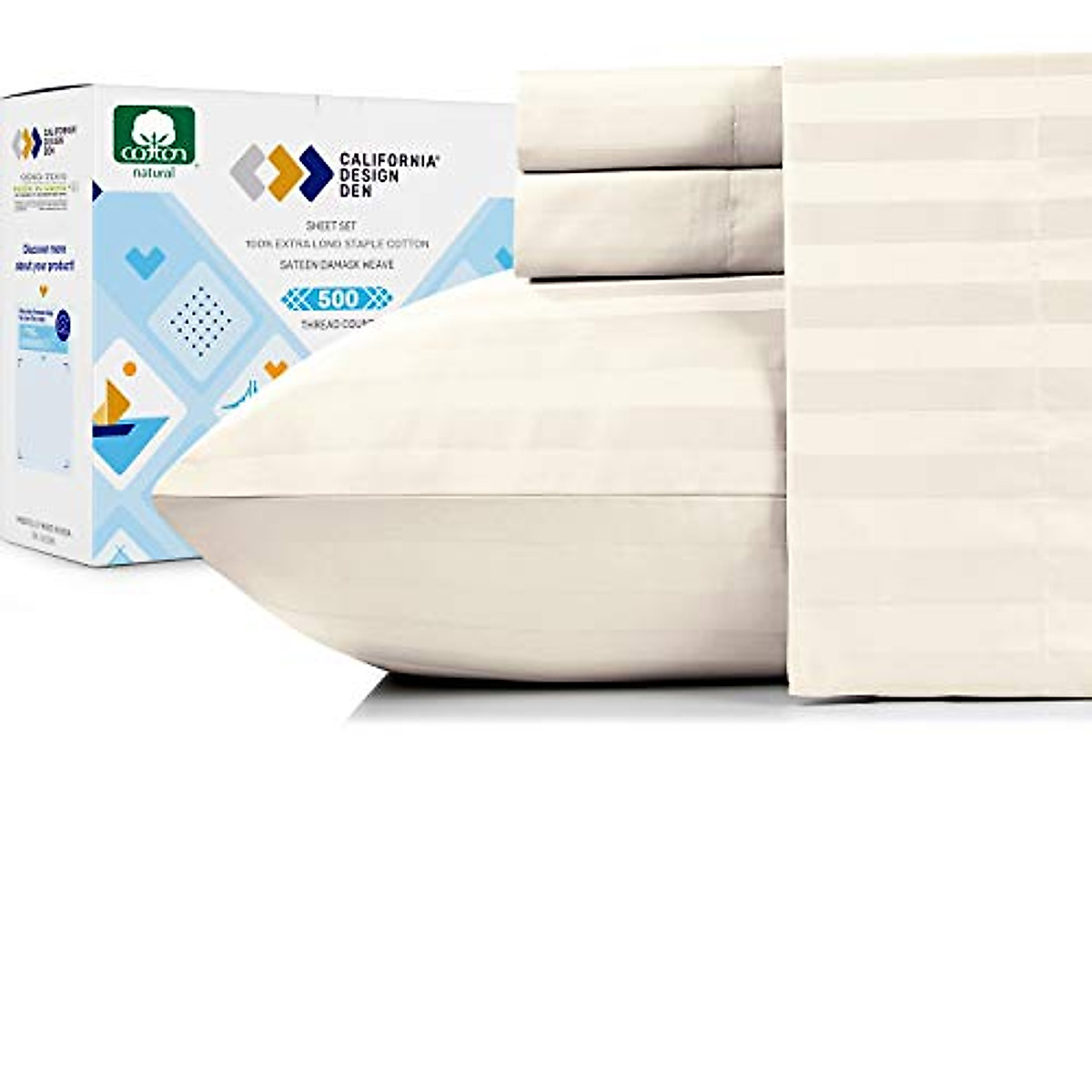 California Design Den 500 Thread Count Ivory King Size 6 Piece Sheet Set, Dobby Damask Stripe Sheets, Smooth Sateen Weave Sheet Set (1 Top Sheet, 1 Bottom Fitted Sheet & 4 Pillowcases)