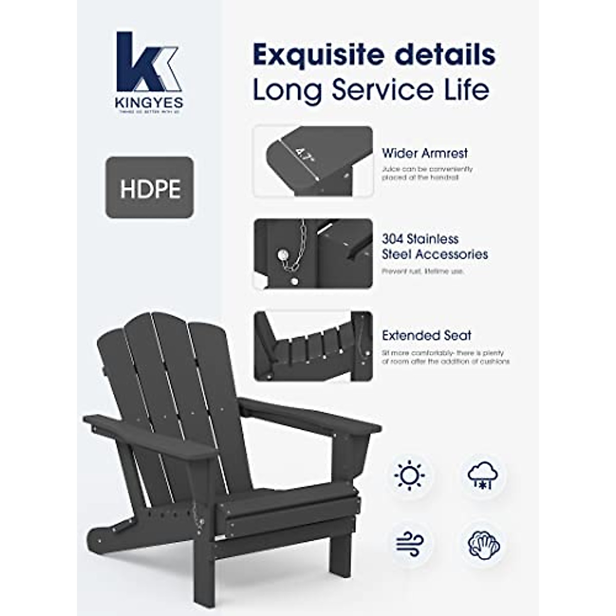 KINGYES Folding Adirondack Chair, HDPE All-Weather Folding Adirondack Chair, Grey