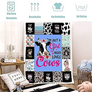 Cow Print Blanket I'm Just A Girl Who Loves Cows Blue Cute Cows Throw Blankets Cartoons Super Soft Sherpa Blanket for Women Summer Fleece Fuzzy Blanket Splicing Cotton Home Bedding (Blue，(59 x 79 in))