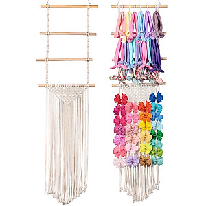 Headband and Hair Bows Holder Macrame Bow Organizer for Girls Hair Bows, Hair Bow Organizer Baby Headband Holder Hair Clip Organizer with 60 Plastic Hooks for Door Boho Wall Room, 13 x 50 Inch (White)