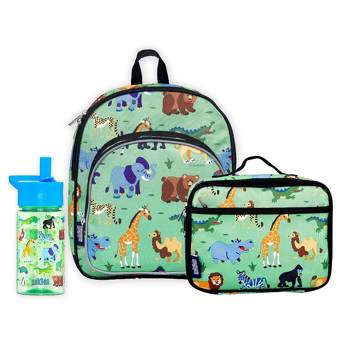 Wildkin 12 Inch Backpack and Lunch Box Bag Bundle with 16 Ounce Reusable Water Bottle (Wild Animals)