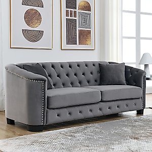 POCIYIHOME 77" Velvet Chesterfield, Deep Button Tufted 3 Seater Sofa Couch with Upholstered Backrests and Nailhead Trim Arms for Living Room, Recliner Loveseat Folding Daybed, 2 Pillows (Grey)