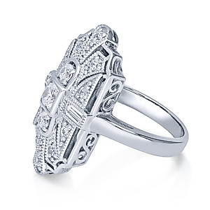 BERRICLE Sterling Silver Art Deco Cubic Zirconia CZ Statement Milgrain Cocktail Fashion Ring for Women, Rhodium Plated Size 9