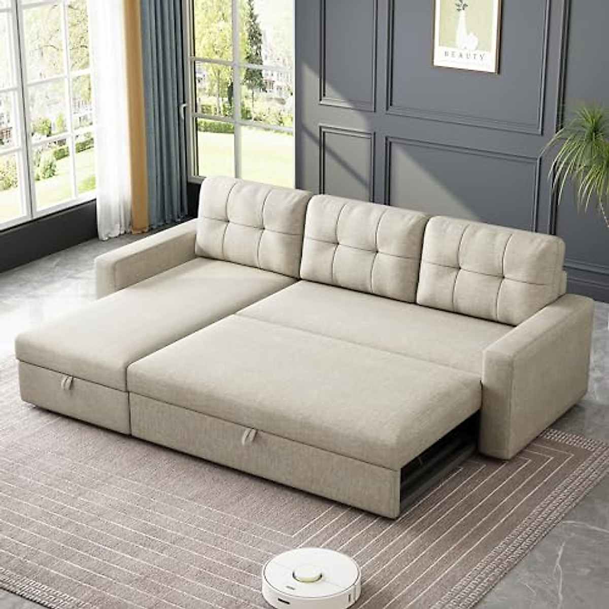 Ball & Cast 81.5" L-Shaped Convertible Sleeper Sofa, Upholstered Sectional Couch Pull Out Sofa-Bed with Storage Chaise & Removable Back Cushions, Beige
