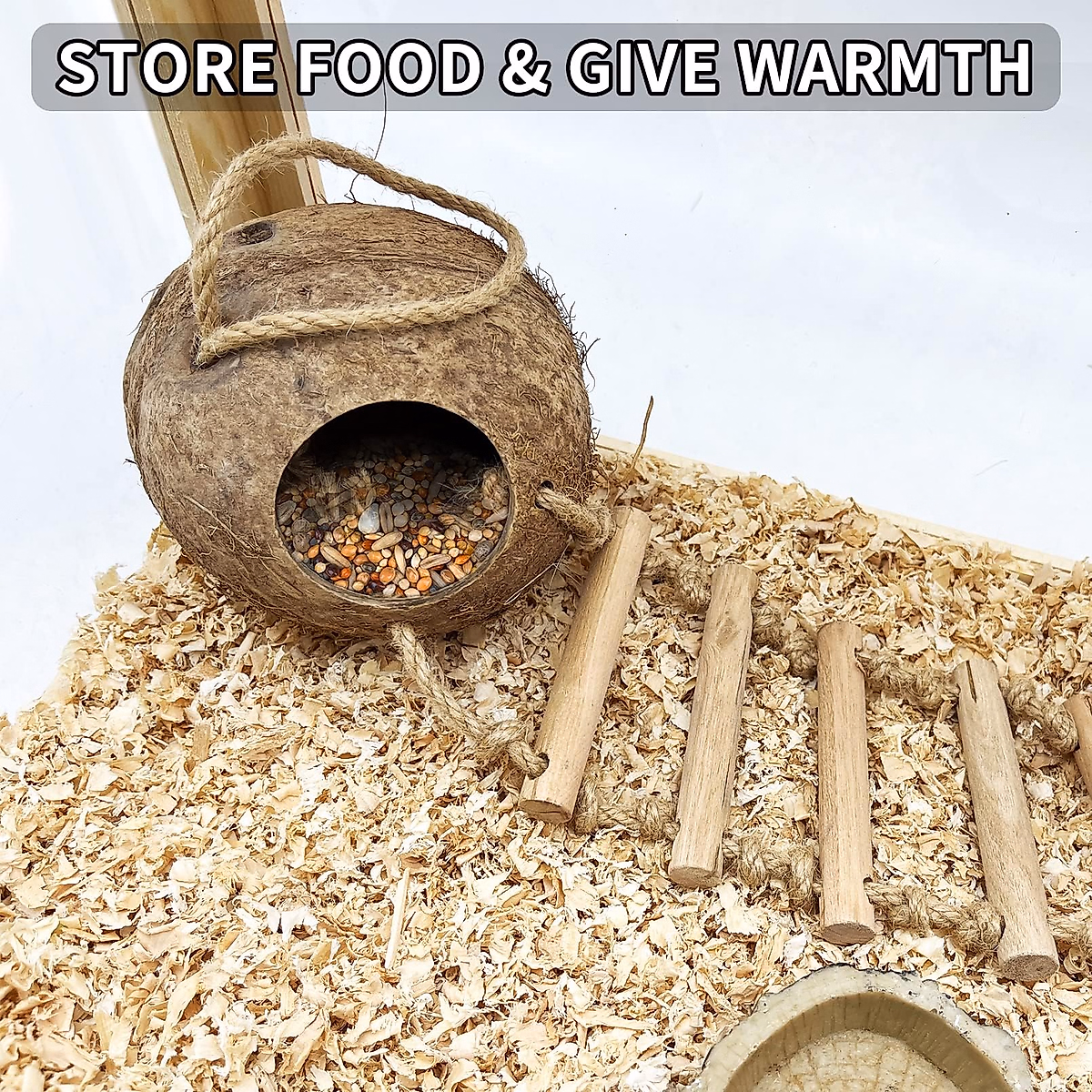 Tfwadmx Natural Coconut Hide with Ladder Perches Hanging Bird House Toy for Cage Parrot Breeding Nest for Gecko Parakeet Lovebird Finch Hamster