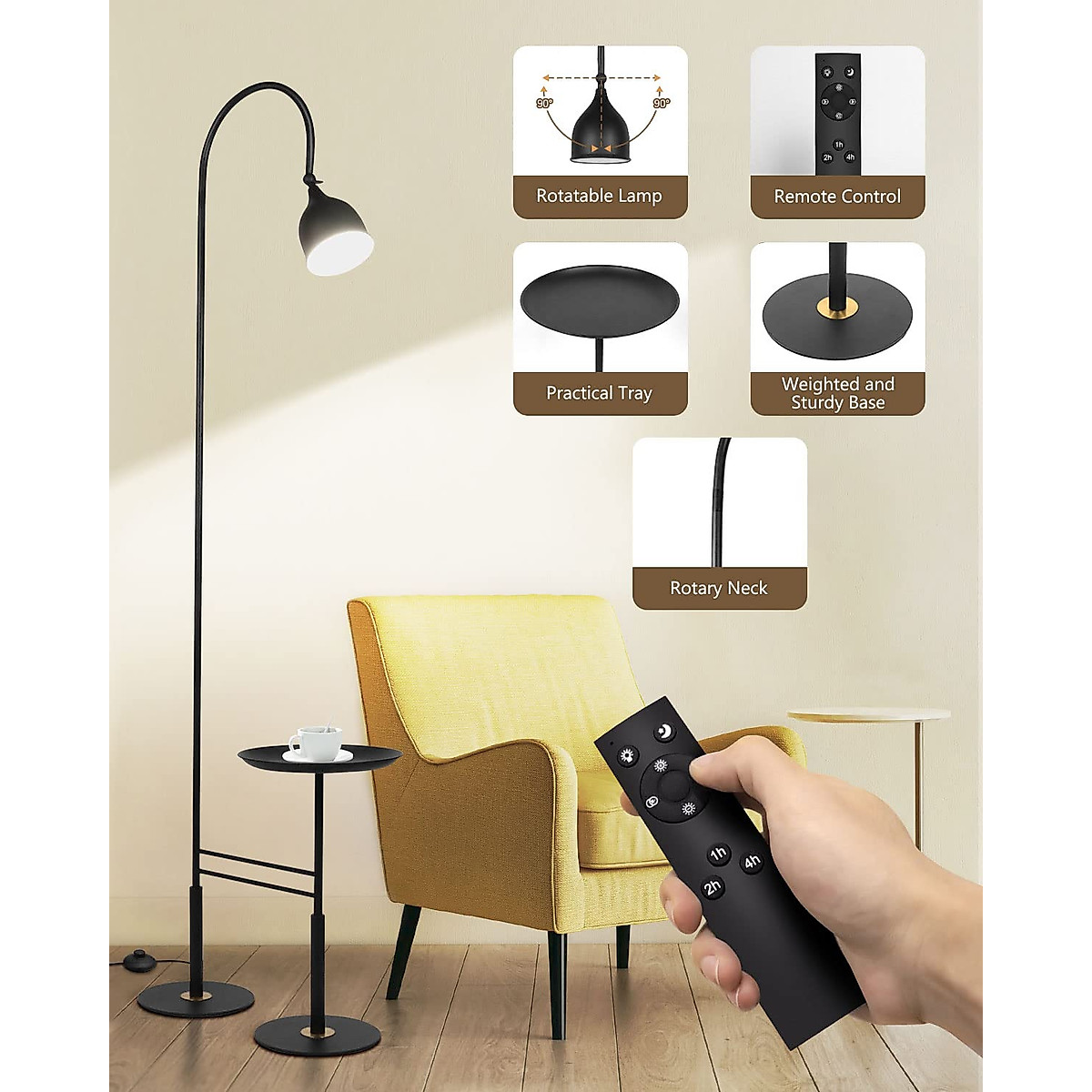 Modern Floor Lamp with Shelves -Bright Dimmable LED Floor Lamp for Living Room, Stepless Adjustable 3000K-6000K Colors & Brightness Standing Lamp with Remote, Black Reading Standing Lamp with Table