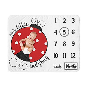 Sweet Jojo Designs Little Ladybug Girl Milestone Blanket Monthly Newborn First Year Growth Mat Baby Shower Memory Keepsake Gift Picture - Red Black and White Polka Dot