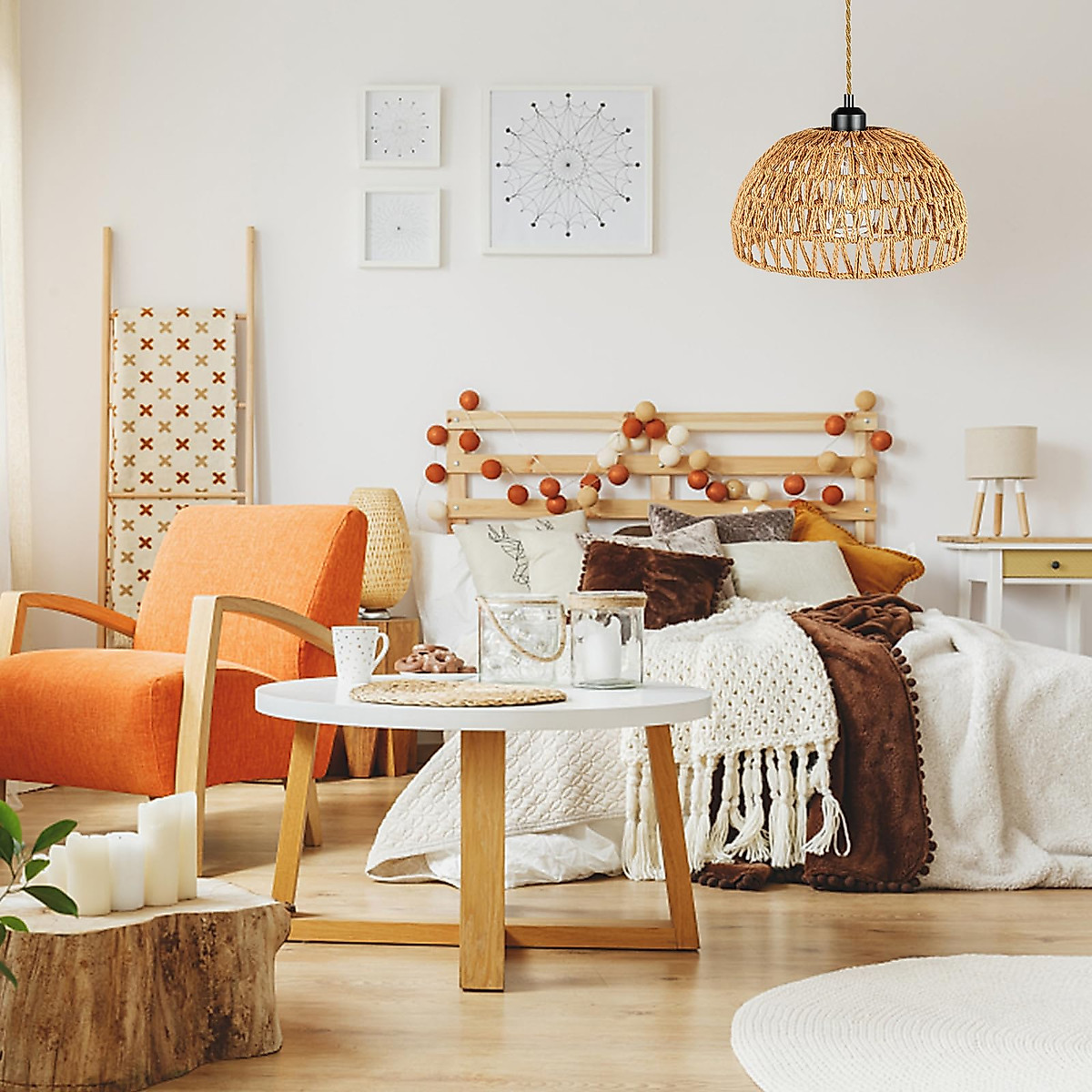 Rattan Plug in Pendant Light, Boho Hanging Lights with Plug in Cord 15ft, Handwoven Hemp Rope Chandelier Light Fixtures with Dimmer Switch for Bedroom Living Dinning Room Kitchen