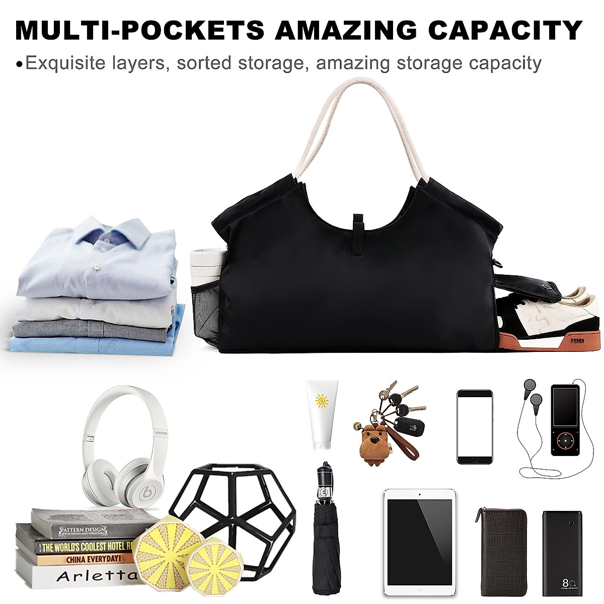 SunFlowerLife Waterproof Sports Tote Gym Bag Swimming Yoga,Travel Duffel Bag For Women, Tote Carry On Bag with Wet Pocket & Shoes Compartment, Weekender Bags For Women Travel (B-Black)