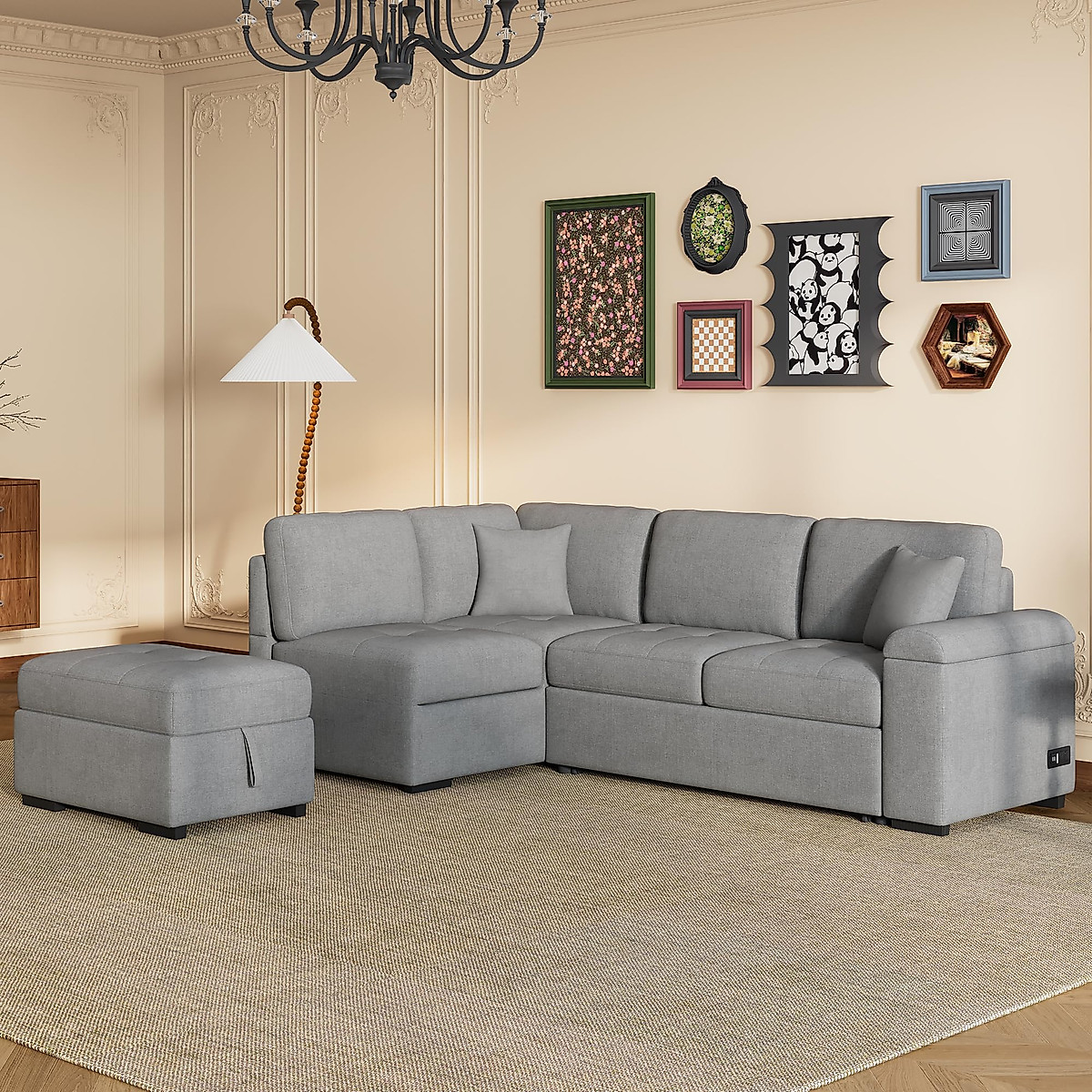 Ball & Cast 85" Sectional Sofa W/Movable Storage Ottoman,Velvet L-Shaped Corner Couch with Hidden Arm Storage & USB Charge,for Living Room,Bedroom,Gray