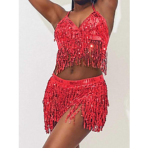 Kakaco Belly Dance Skirt with Crop Top Sequins Fringe Skirts Set Rave Dance Bra Top Party Costume Outfits for Women and Girls (A-Red)
