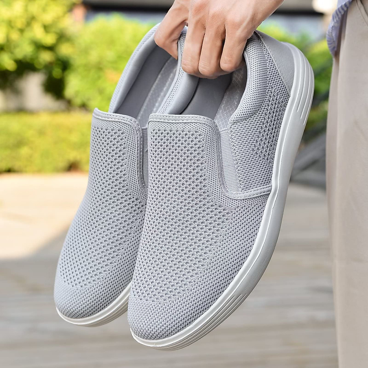 konhill Men's Slip on Sneaker - Knit Walking Loafers Memory Foam Driving Work Skate Shoes Arch Support Slip Resistant Shoes 7.5 US Gray 40