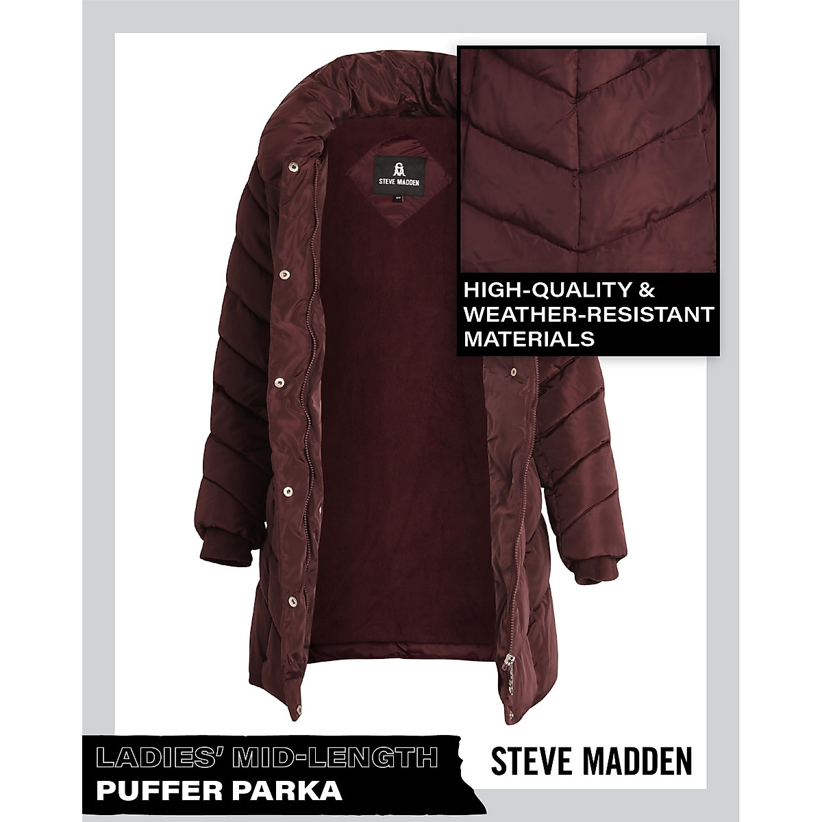 Steve Madden Women's Long Chervron Quilted Outerwear Jacket, Merlot, Medium