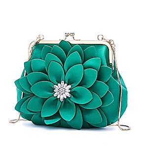 Women's 3DFloral Evening Satchel handbag Bag,Shell fashion diamond-encrusted flower shoulder (Green)