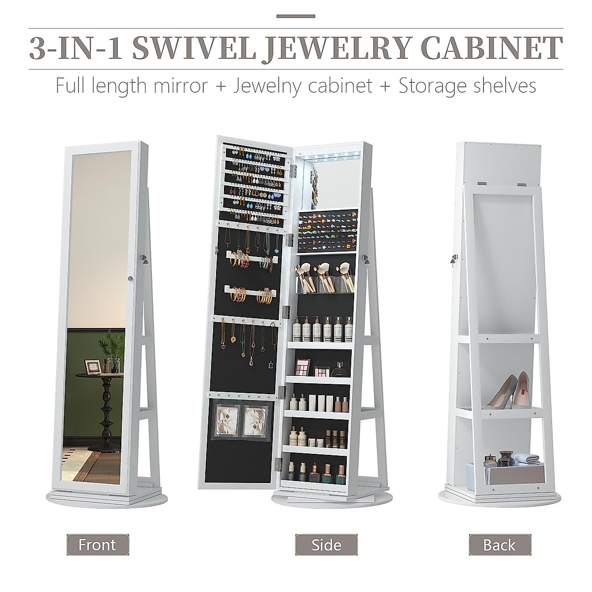 LVSOMT LED Mirror Jewelry Cabinet Standing, 360° Swivel Jewelry Organizers and Storage, Farmhouse Mirror with Jewelry Storage, Lighted Jewelry Armoire with Full Length Mirror (Pure White)
