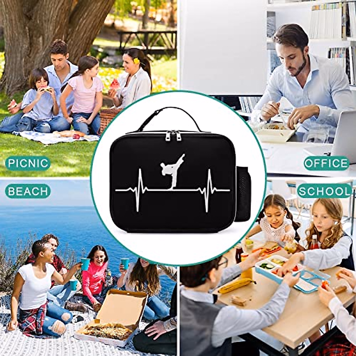 Karate Heartbeat Lunch Bag Reusable Insulated Handbag Detachable Leather Box Handle Meal Prep Holder for Picnic Office