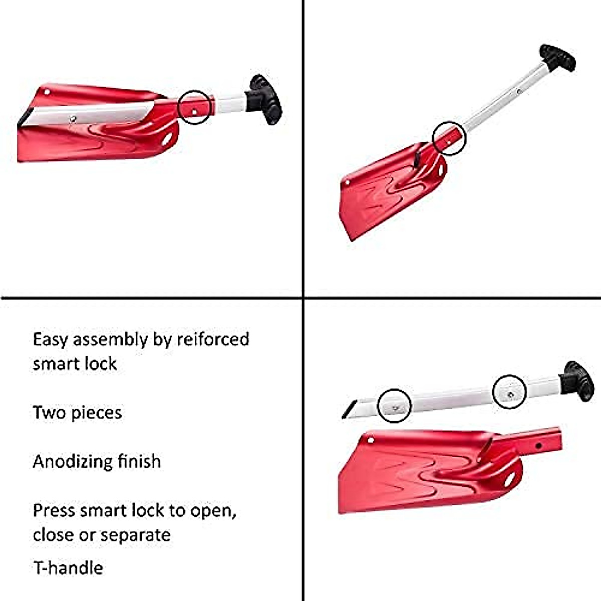 FridLife Folding Snow Shovel, Rugged Compact Emergency Tool for Car, Snowmobiles, or ATV – Compact Winter Survival Gear for Camping, 2 Piece Collapsible Hand Shovel, Lightweight Aluminum - Red