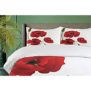 Ambesonne Floral Duvet Cover Set, Poppy Flowers Vivid Petals Buds Pastoral Purity Mother Earth Nature Design, Decorative 3 Piece Bedding Set with 2 Pillow Shams, Queen Size, Red Green