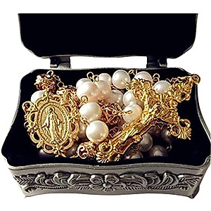 White Real Pearl Rose Gold Beads Catholic Rosary Cross Necklace Supper Box