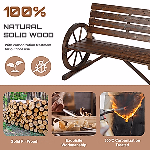 HOMEDIARY Outdoor Wooden Wagon Wheel Bench, Rustic 2-Person Seat Patio Bench w/Slatted Design and Carbonized Finish, Outdoor Patio Furniture w/550lbs High Capacity for Garden Patio Backyard Porch
