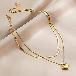 TRWWELL Trendy 18k Gold Plated Layered Necklace Dainty Herringbone Necklace Heart Pendant Gold Chain Choker Layering Necklace Jewelry Gifts for Women Girls