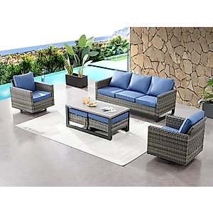 HUMMUH 6 Piece Patio Furniture Set Outdoor Sectional Sofa,High Back Patio Swivel Rocker Chairs with Ottomans Coffee Table for Porch,Garden,Backyard