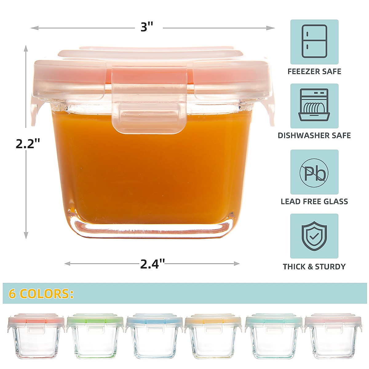 24 Pack Small Glass Containers with Airtight Lids, Food Storage Containers with 6 Color Lids, Glass Food Jars for Snacks, Fruit & Veggie Puree, 4oz